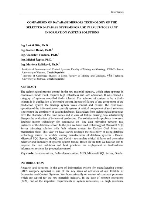 Pdf Comparison Of Database Mirrors Technology Of The Selected Database Systems For Use In