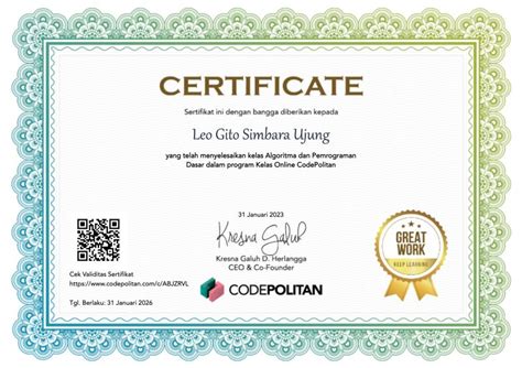 Leo U On Linkedin Algorithm And Programming Class Certificate Codepolitan