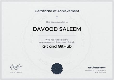 Certificate Of Achievement Git And Github 365 Data Science Davood Saleem Shaik