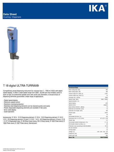 Ika T18 Digital And Basic Ultra Turrax Data Sheet Pdf