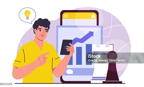 사업 전략 개념 그래프와 체스 말 근처에 스마트 폰을 가진 남자 전략 및 계획 수동 소득이 있는 기업가이자 사업가 평면 벡터