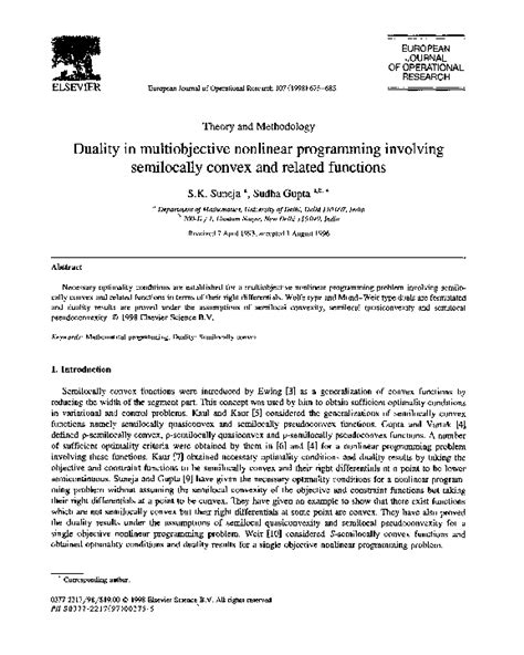 Pdf Duality In Multiobjective Nonlinear Programming Involving Semilocally Convex And Related