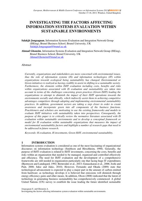 Pdf Investigating The Factors Affecting Information Systems Evaluation Within Sustainable