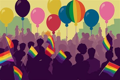 사람들은 Lgbtq 프라이드 레인보우 퍼레이드 플래그 풍선에 대한 관용을 표현합니다 프리미엄 벡터
