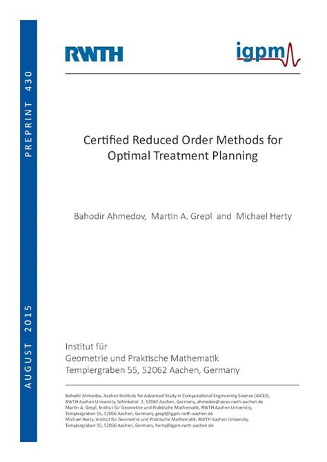 Pdf Certified Reduced Order Methods For Optimal Treatment Planning