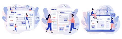 웹 디자인 개념입니다 웹 페이지를 구축하는 작은 사람들 웹 사이트 인터페이스 디자인 소프트웨어 개발 프로세스 프로그래밍 및 코딩