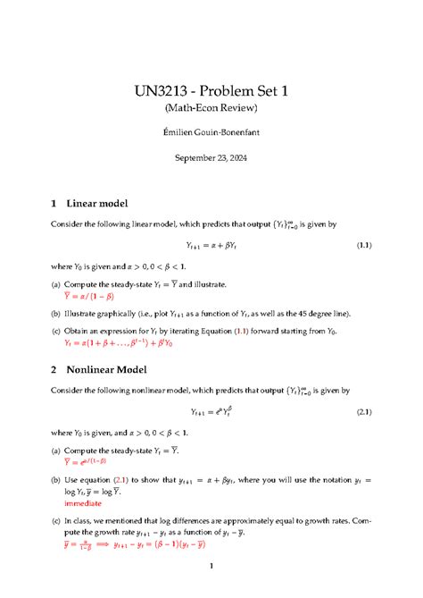 Problem Set 1 Solution Un3213 Problem Set 1 Math Econ Review