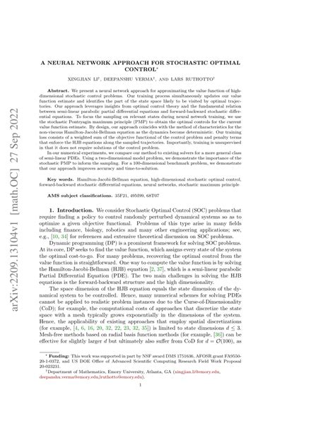 Pdf A Neural Network Approach For Stochastic Optimal Control