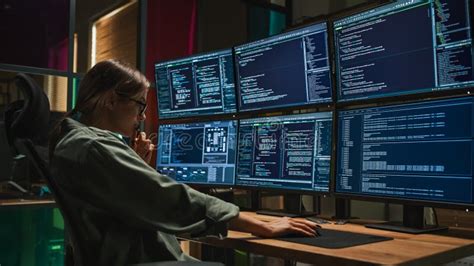 Female Cyber Security Specialist Writing Code On Deskop Computer With Six Displays In Dark