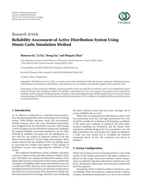 Pdf Reliability Assessment Of Active Distribution System Using Monte Carlo Simulation Method