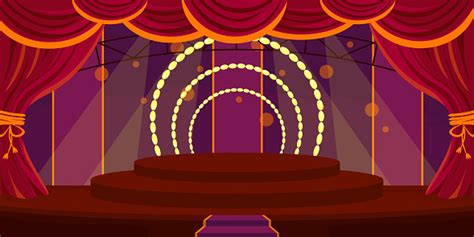 아름 다운 콘서트 무대 인테리어의 벡터 그림입니다 반지 계단 주황색 홀더가 있는 빨간 커튼 광선이 있는 쇼를 위한 둥근 무대의 만화 장면 무대 연단 스타 성능 Fashion