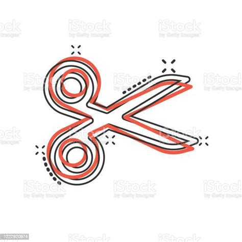 만화 스타일의 가위 아이콘입니다 흰색 고립 된 배경에 장비 만화 벡터 그림을 잘라 커터 스플래시 효과 비즈니스 개념입니다 가위에 대한 스톡 벡터 아트 및 기타 이미지