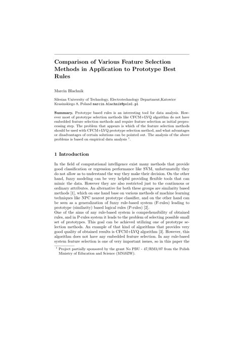 Pdf Comparison Of Various Feature Selection Methods In Application To Prototype Best Rules