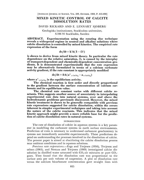 Pdf Mixed Kinetic Control Of Calcite Dissolution Rates