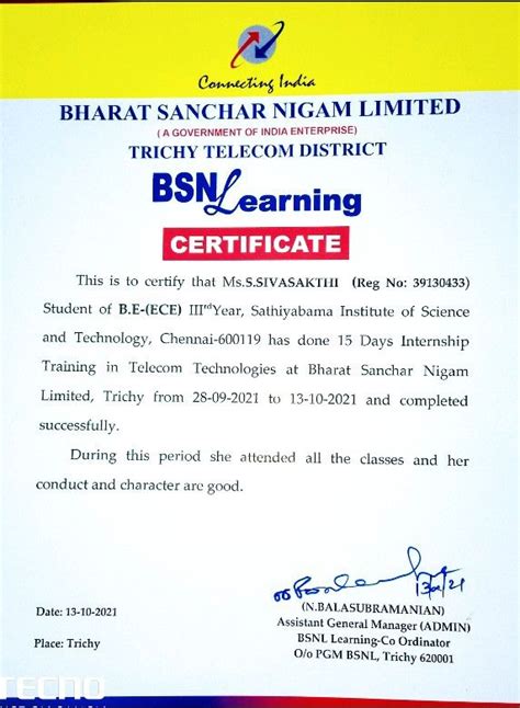 Sivasakthi S On Linkedin Thanks To Bsnl Trichy For Providing Me Wonderful 15 Days Internship