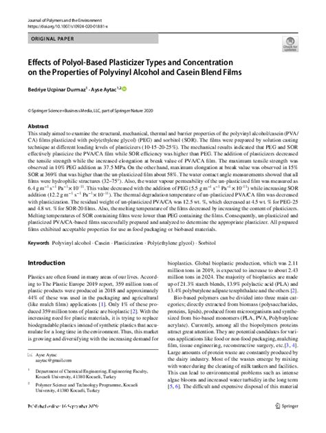 Pdf Effects Of Polyol Based Plasticizer Types And Concentration On The Properties Of Polyvinyl