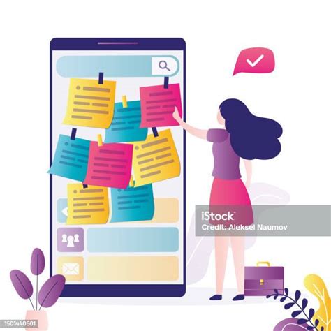 일정 및 메모 모바일 응용 프로그램 똑똑한 여자는 앱의 스티커 메모에 목표를 씁니다 기업가는 다양한 비즈니스 목표를 설정합니다 시간 관리 소녀는 작업에 집중합니다 Brand