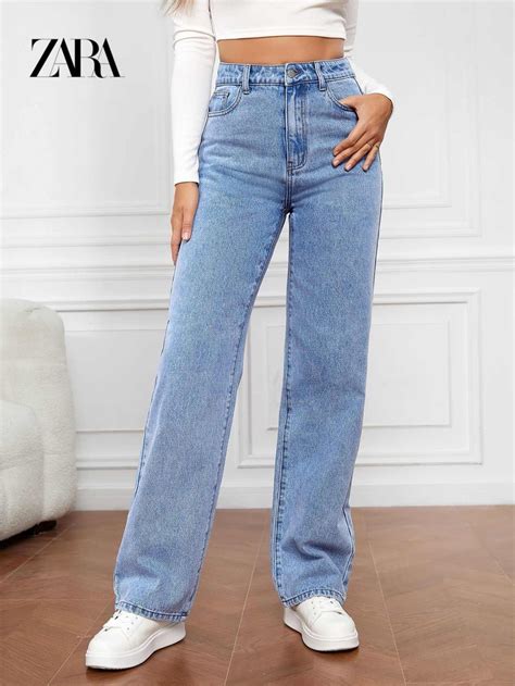 Джинсы Женский Zara светло голубой Джинс размер 48 Молния Пуговицы Высокая Пряжки Китай На