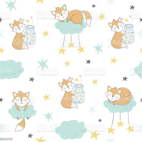 잠자는 여우 구름 무지개 별과 별자리항아리가 있는 매끄러운 유치한 패턴 직물 포장 섬유 벽지 의류에 대한 창조적 인 아이 텍스처 벡터 일러스트레이션 0명에 대한 스톡 벡터