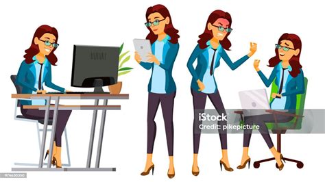 사무실 작업자 벡터입니다 여자입니다 하 인 직원입니다 앞 측면 보기입니다 포즈 비즈니스 여자 사람입니다 회계사입니다 레이디 감정