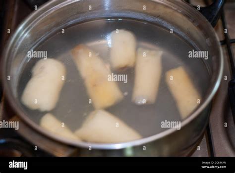 Cooking Cassava In A Pot With Boiling Water Manihot Esculenta Cassava