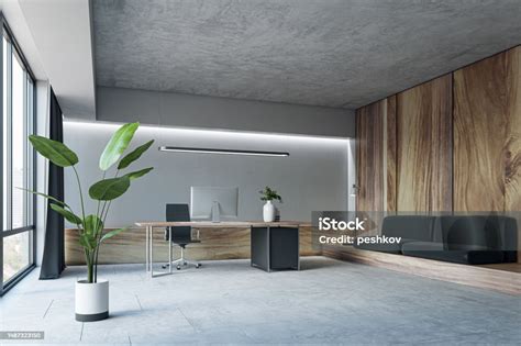 커튼이 있는 심플한 콘크리트 및 목조 사무실 인테리어 도시 전망의 창문 작업 공간 및 가구 3d 렌더링 0명에 대한 스톡 사진 및 기타 이미지 Istock