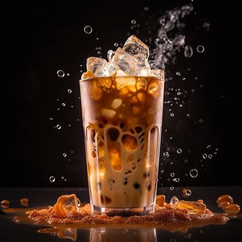 Premium Ai Image A Glass Of Iced Coffee With Ice Cubes And A Splash