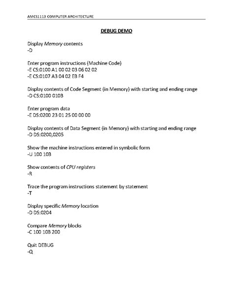 1 Debug Demo Amcs1113 Computer Architecture Debug Demo Display