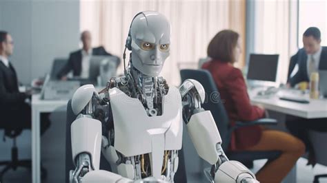 Blured Background Machine Ai Bot Working In The Office For Industrial Revolution And Automation