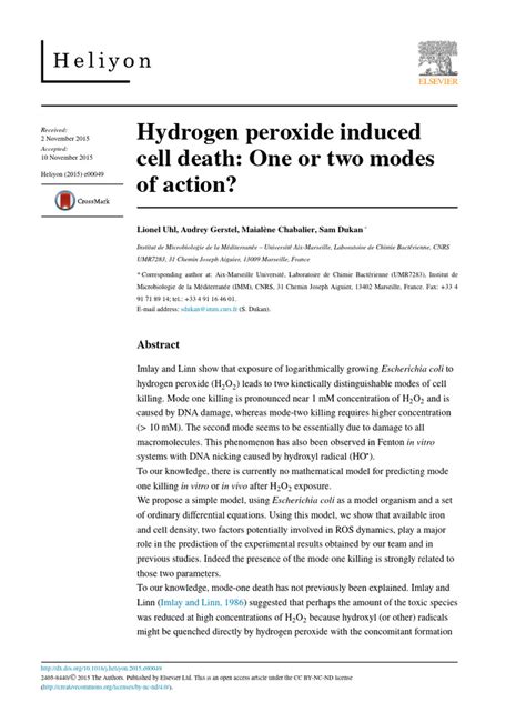 Hydrogen Peroxide Induced Cell Death One Or Two Modes Of Action 2015