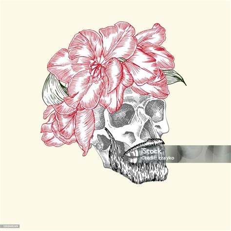 손으로 그린 스케치 인간의 두개골 수염과 꽃화환에 콧수염 빨간 튤립 재미 캐릭터 블랙 그래픽 조각 예술 흰색 배경에 고립 빈티지 스타일 벡터 건강관리와 의술에 대한 스톡