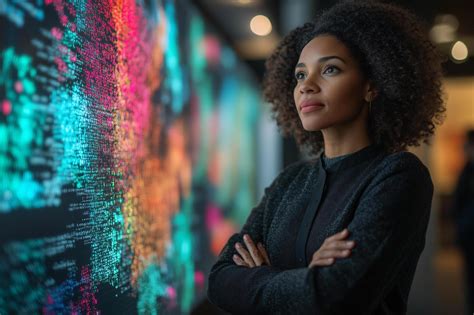 Woman Analyzing Big Data Visualization On Screen For Ai And Machine Learning Application Use