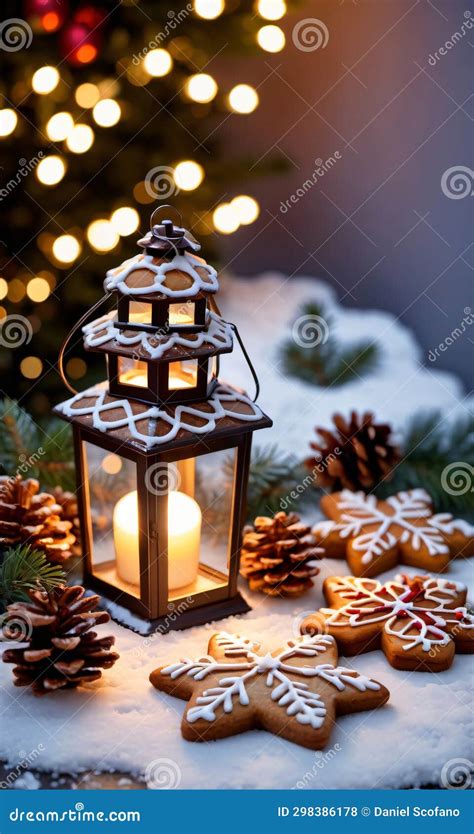 Photo Of Christmas Lantern Illuminating A Path Of Gingerbread Cookies And Pinecone Generative