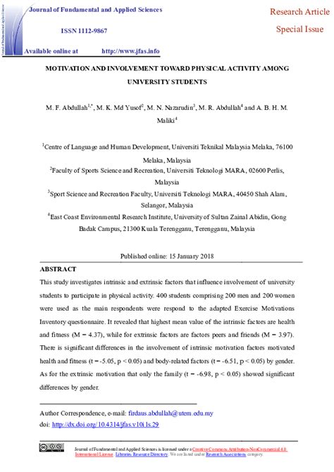 Pdf Motivation And Involvement Toward Physical Activity Among Motivation And Involvement