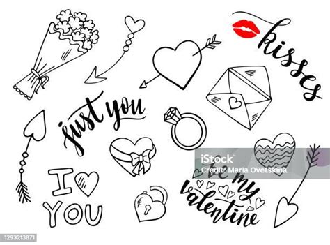 세인트 발렌타인 데이 낙서와 흰색 배경에 레터링 세트 포장지 포스터 스크랩북 베개 컵 및 패브릭 디자인에 대한 벡터 꽃 마음 자물쇠 반지 화살 사랑의 편지 2월에 대한 스톡