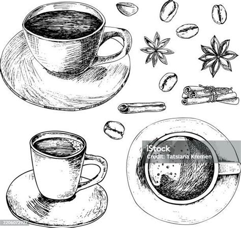 커피 머그잔 평면도 에스프레소 카푸치노 계피 스틱 아니스 및 커피 콩 세트와 함께 벡터 손으로 그린 개요 그림 갈색에 대한 스톡 벡터 아트 및 기타 이미지 Istock