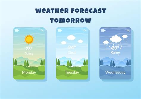 Types Of Weather Conditions With Sunny Cloudy Windy Rainy Snow And Stormy In Template Hand