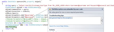Oledb Exception In C No Value Given For One Or More Required Parameters” While