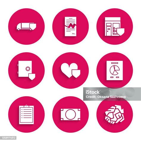 방패 스택 종이 돈 현금 구겨진 공 문서 그래프 차트 클립 보드 체크 리스트 안전 쇼핑 건물 및 배달화물 트럭 아이콘으로 마음을