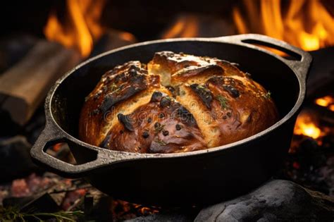 Cast Iron Dutch Oven With Artisanal Bread Inside Stock Illustration Illustration Of Iron