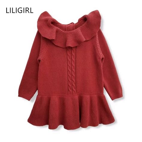 Liligirl новое осеннее вязаное платье для девочек свитер принцессы с лепестковым воротником