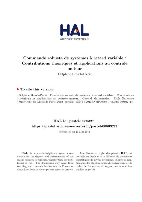 Pdf Robust Control Of Variable Time Delay Systems Theoretical Contributions And Applications