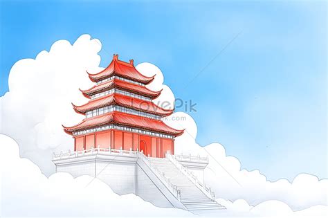 구름 속의 중국 스타일 건축 일러스트 무료 다운로드 Lovepik