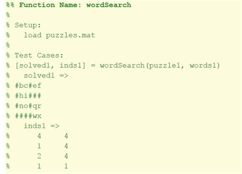 function name wordsearch inputs 1 char the