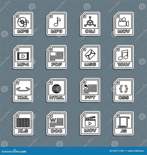 Set Line JS File Document CSS WAV OBJ PDF MP MP And MSG Icon Vector Stock Illustration