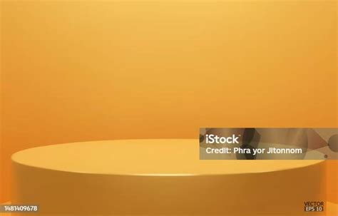 스튜디오 배경에 반짝이는 노란색 둥근 받침대 제품을 보여주기위한 빈 디스플레이 또는 클린 룸 연단 전시 또는 쇼케이스를 위한 미니멀리스트 모형 3d 벡터 그림입니다 0명에