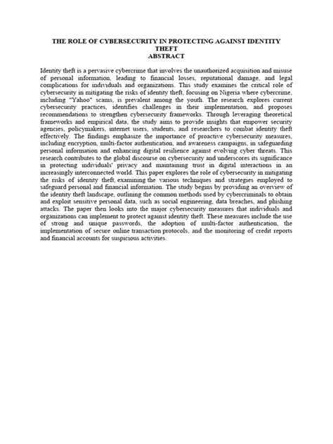 The Role Of Cybersecurity In Protecting Against Identity Theft Pdf Security Computer Security