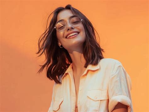 A Woman Wearing Sunglasses And Smiling Against An Orange Background