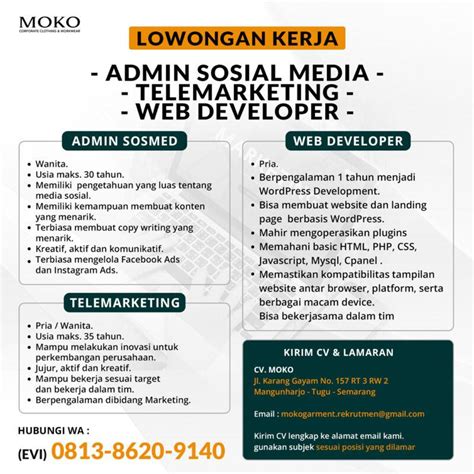 lowongan kerja admin sosial media telemarketing web developer di cv