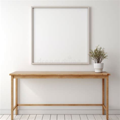 Minimalist Console Table With Empty Frame On White Wall Stock
